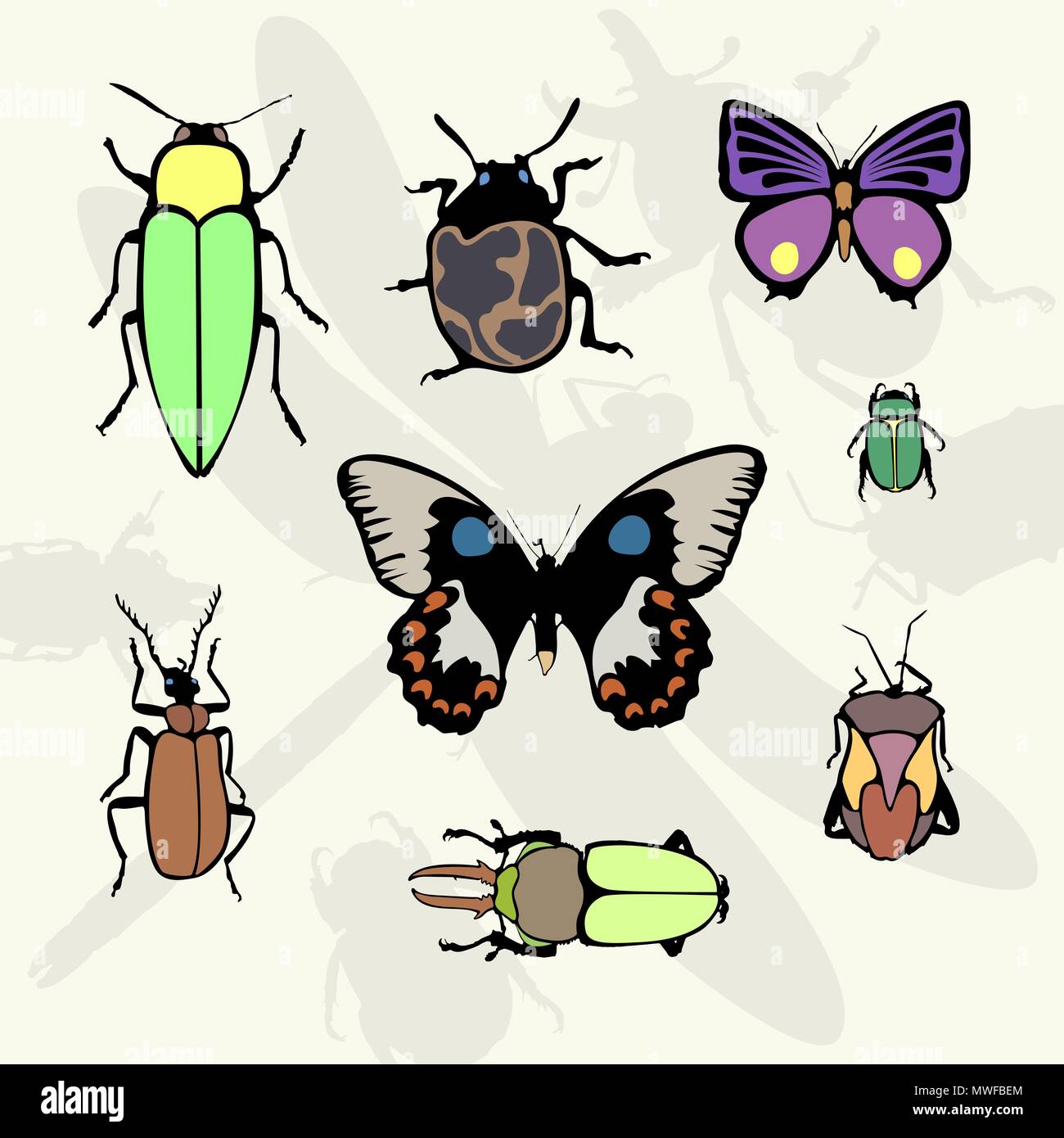 Colorful Cartoon Macro Image Of Cute Small Bugs, Set Of, 50% OFF