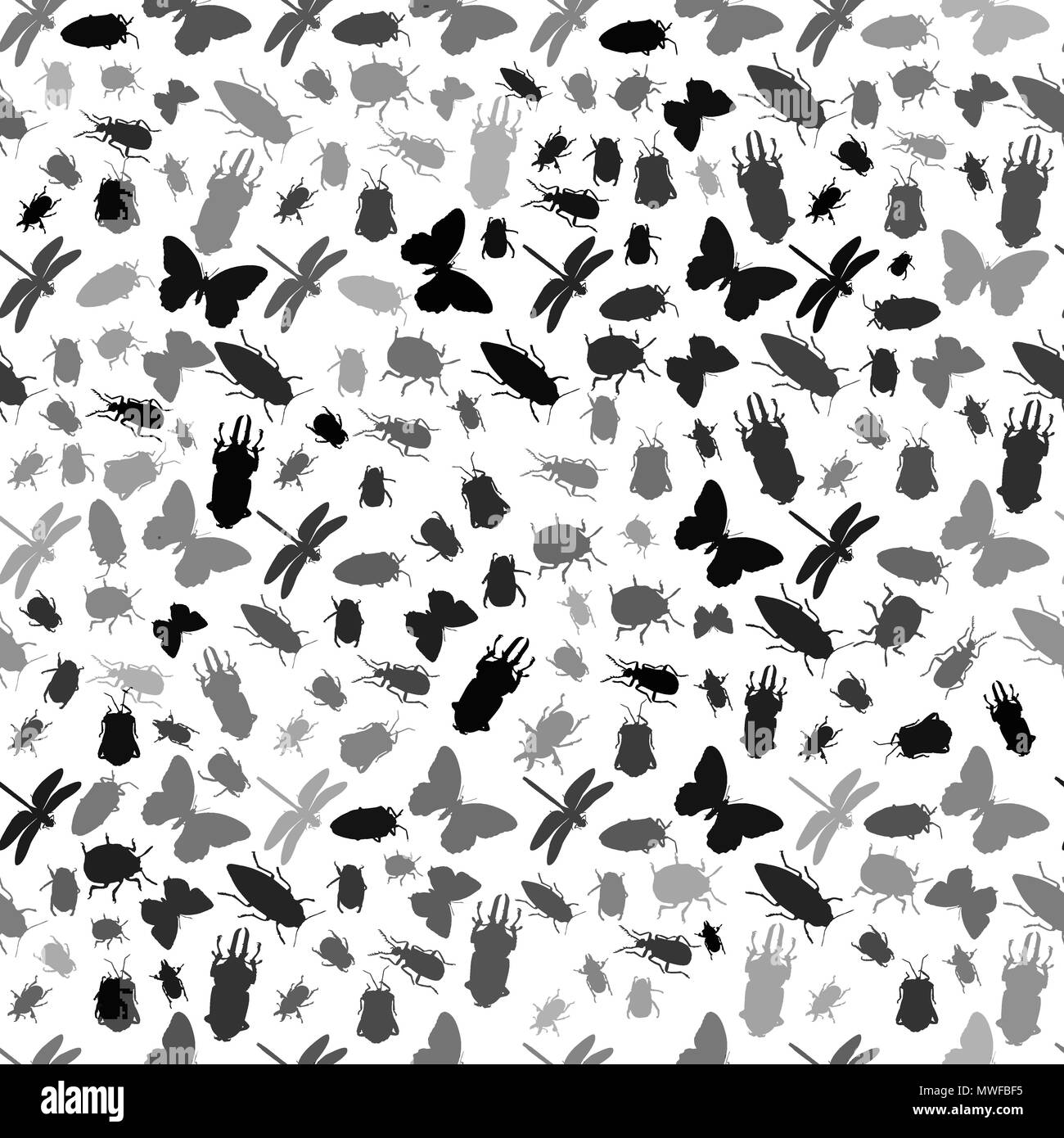 Seamless pattern with insects silhouettes - beetles, dragonflies ...