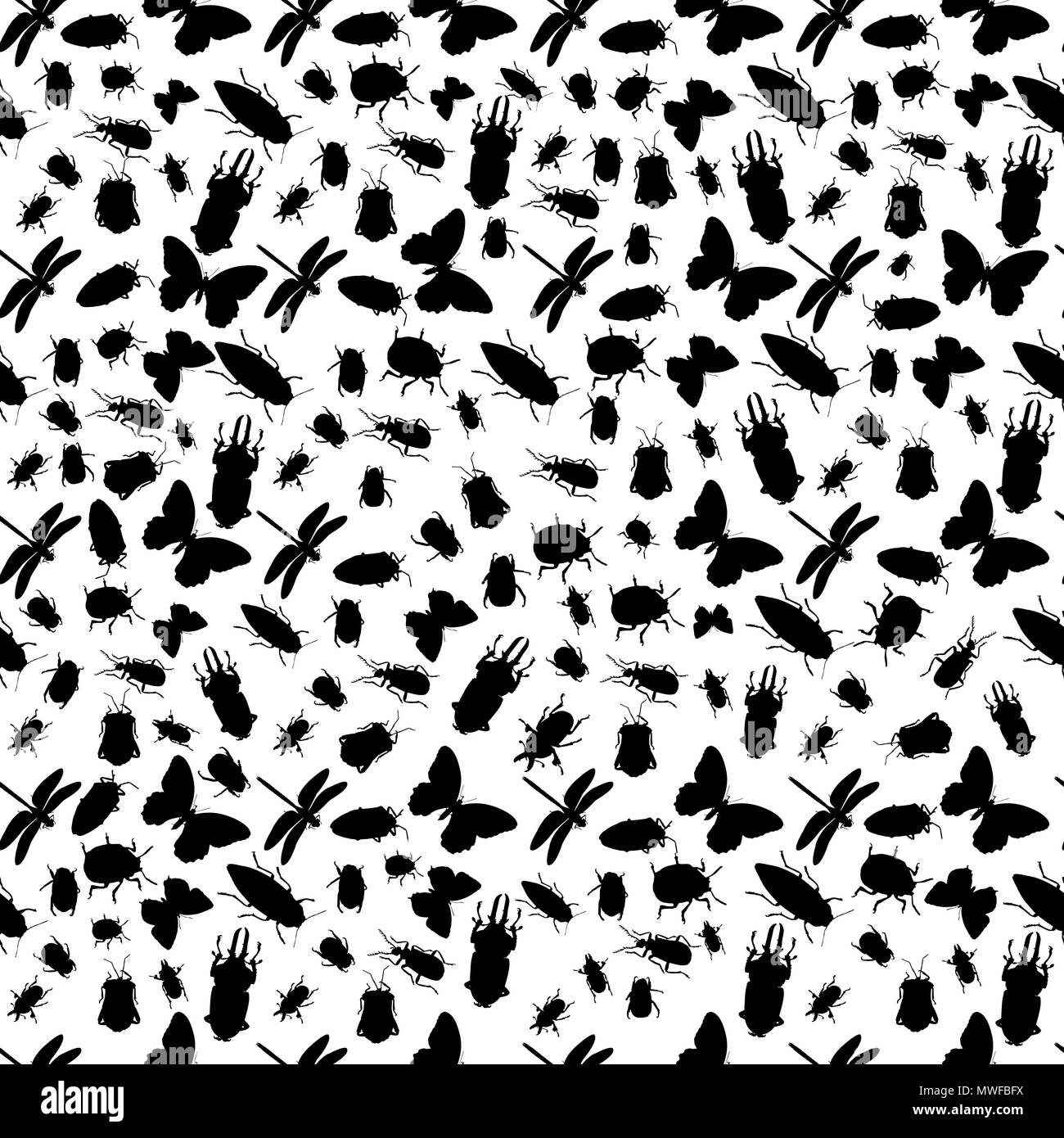 Seamless pattern with bugs, butterflies, and dragonflies silhouettes in ...