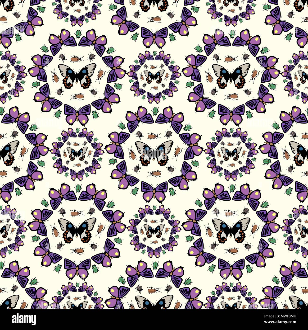 Symmetric seamless pattern with bugs, beetles, and butterflies ...