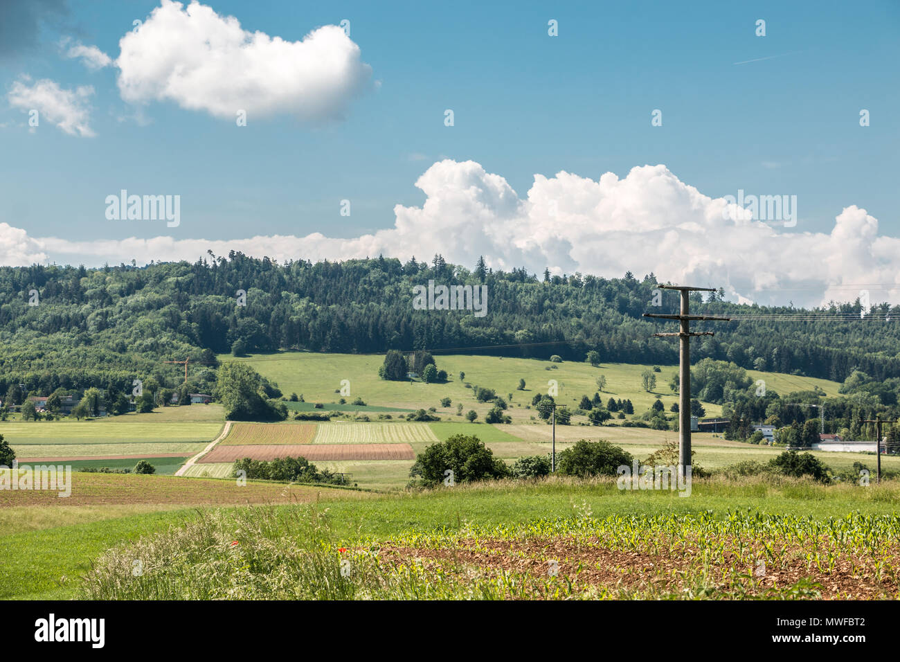 Power pylon in the German countryside with forests, fields and meadows ...