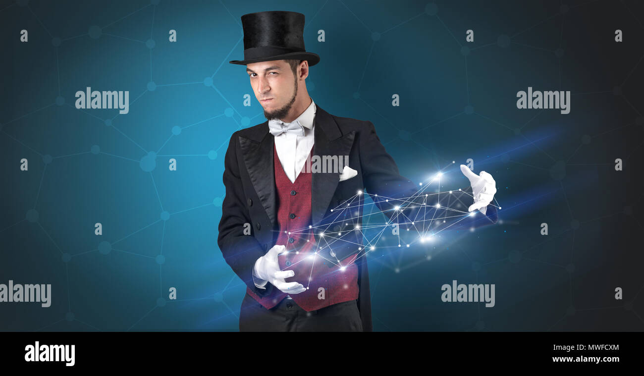 Magician with blue background and geometrical connection between two ...