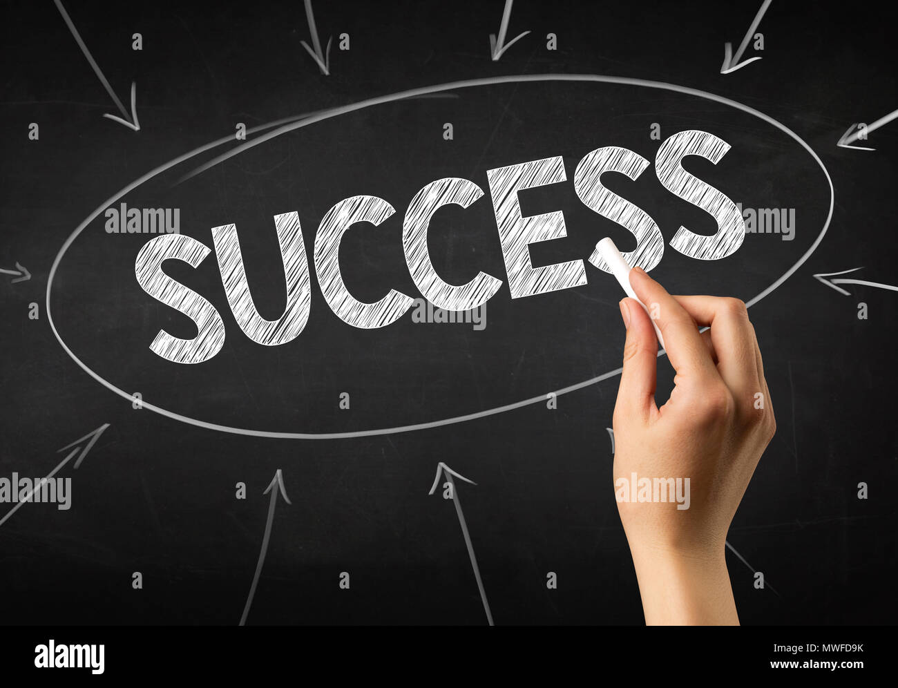Female hand holding white chalk in front of a blackboard with success ...