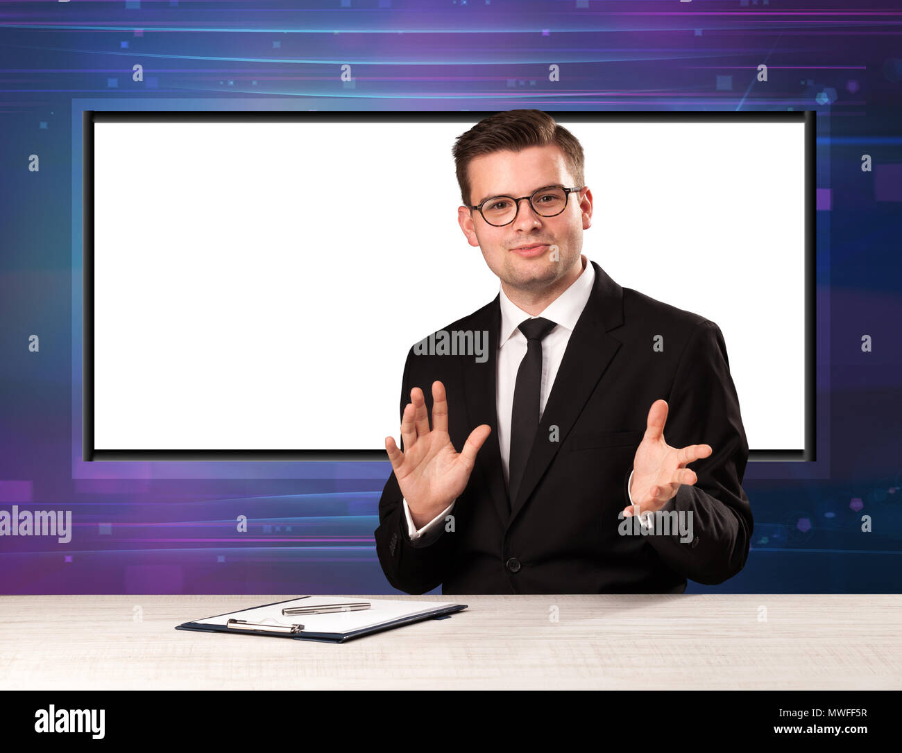 Television program host with big copy screen in his back concept Stock ...