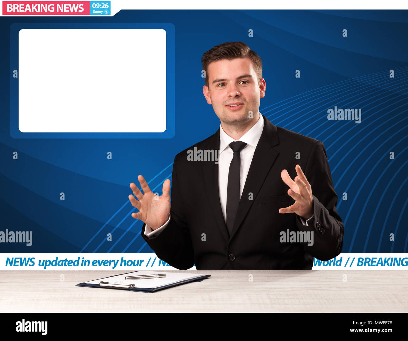 Television reporter telling breaking news at his studio desk with copy ...