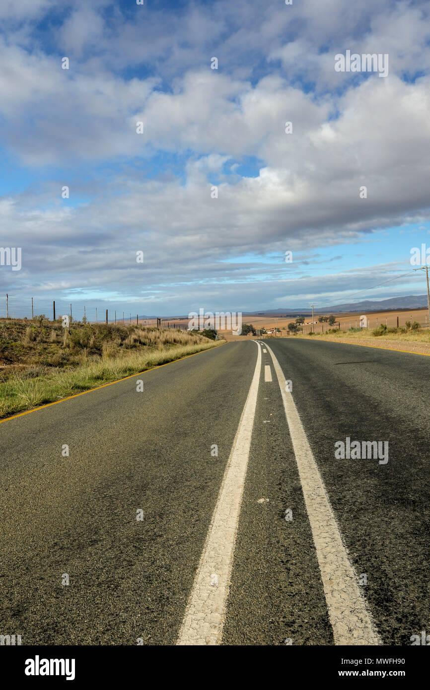 Receding road lane markings in the landscape, garden route, south ...