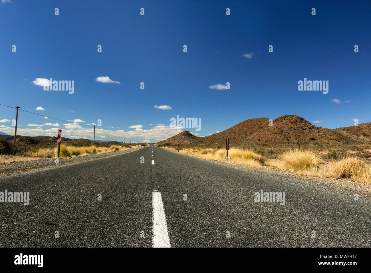 Receding road lane markings in the landscape, garden route, south ...