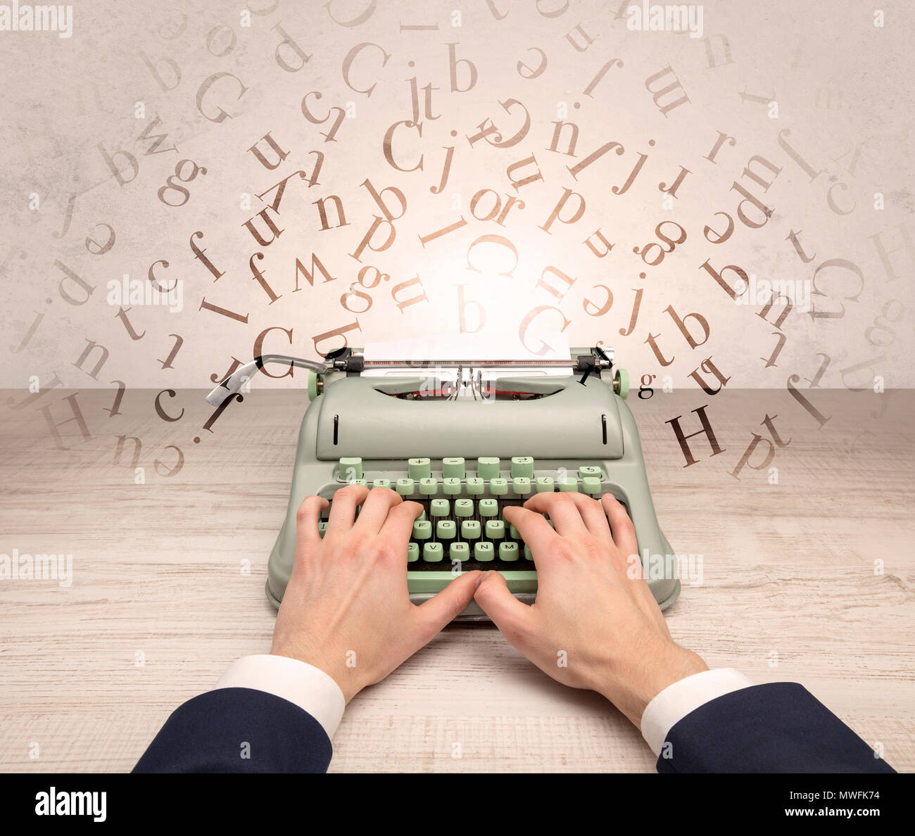 First person perspective elegant hand writing on typewriter with flying ...
