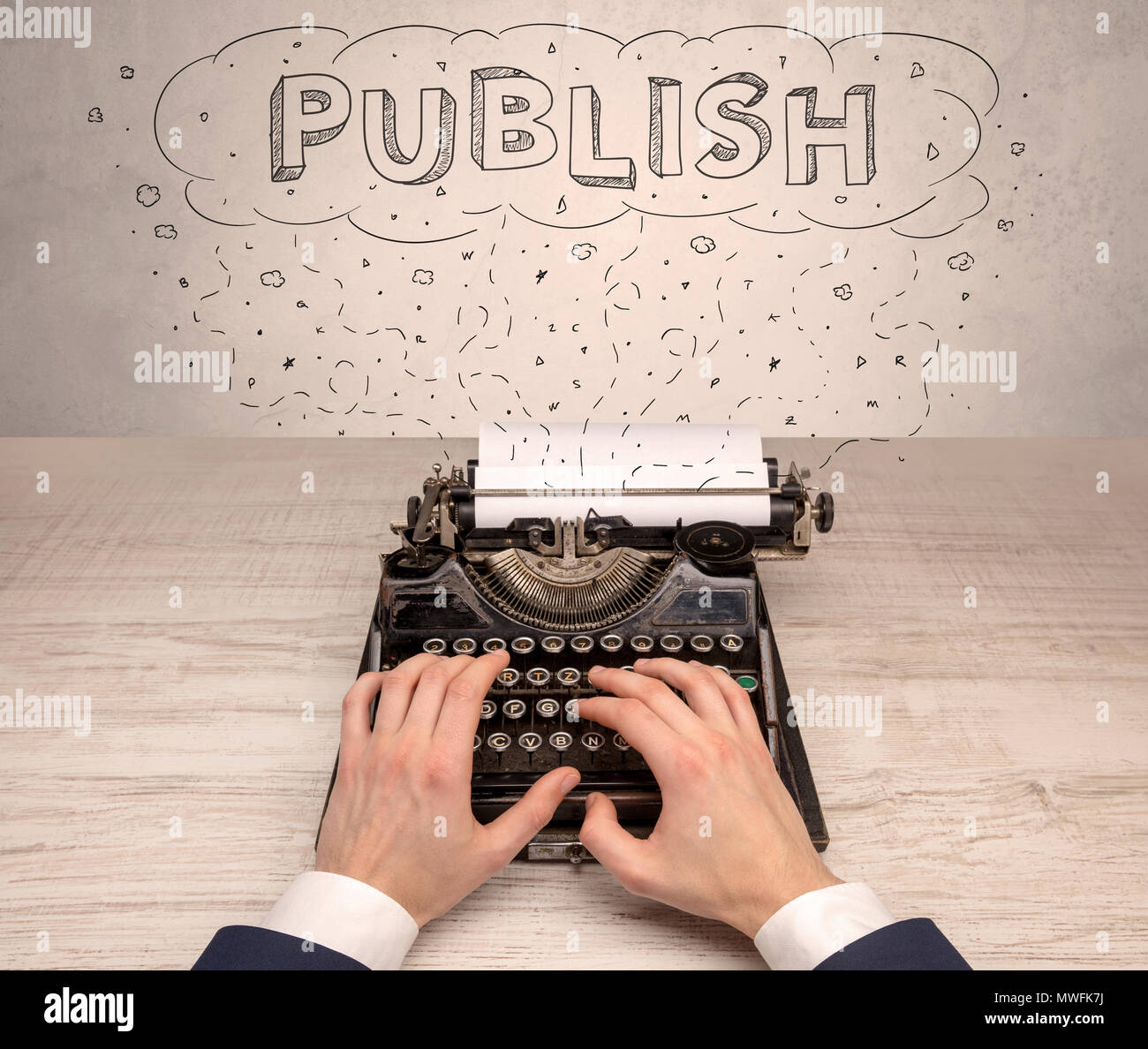 First person perspective hand writing on typewriter with cloud message ...