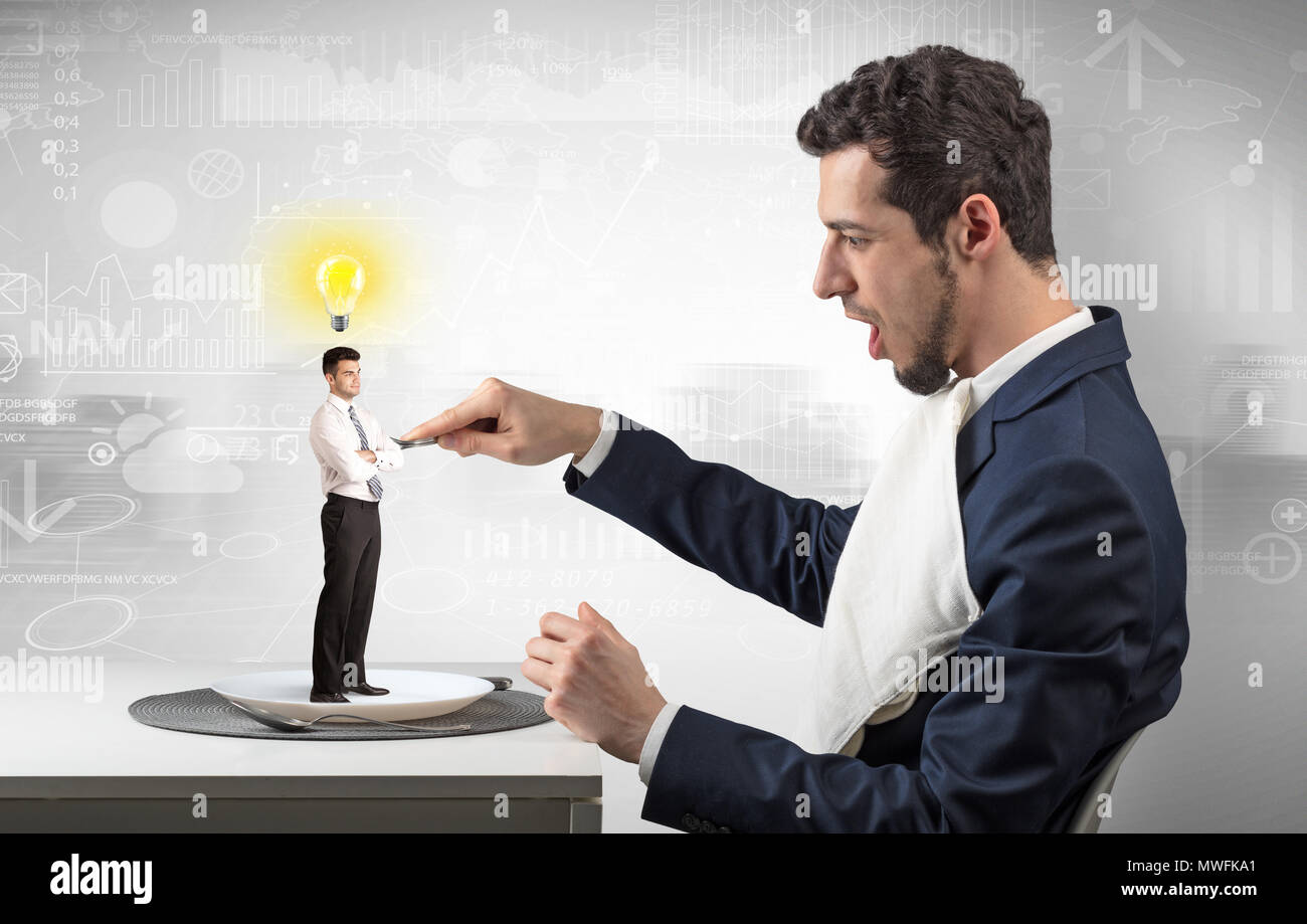 Giant businessman eating small man with financial background Stock ...