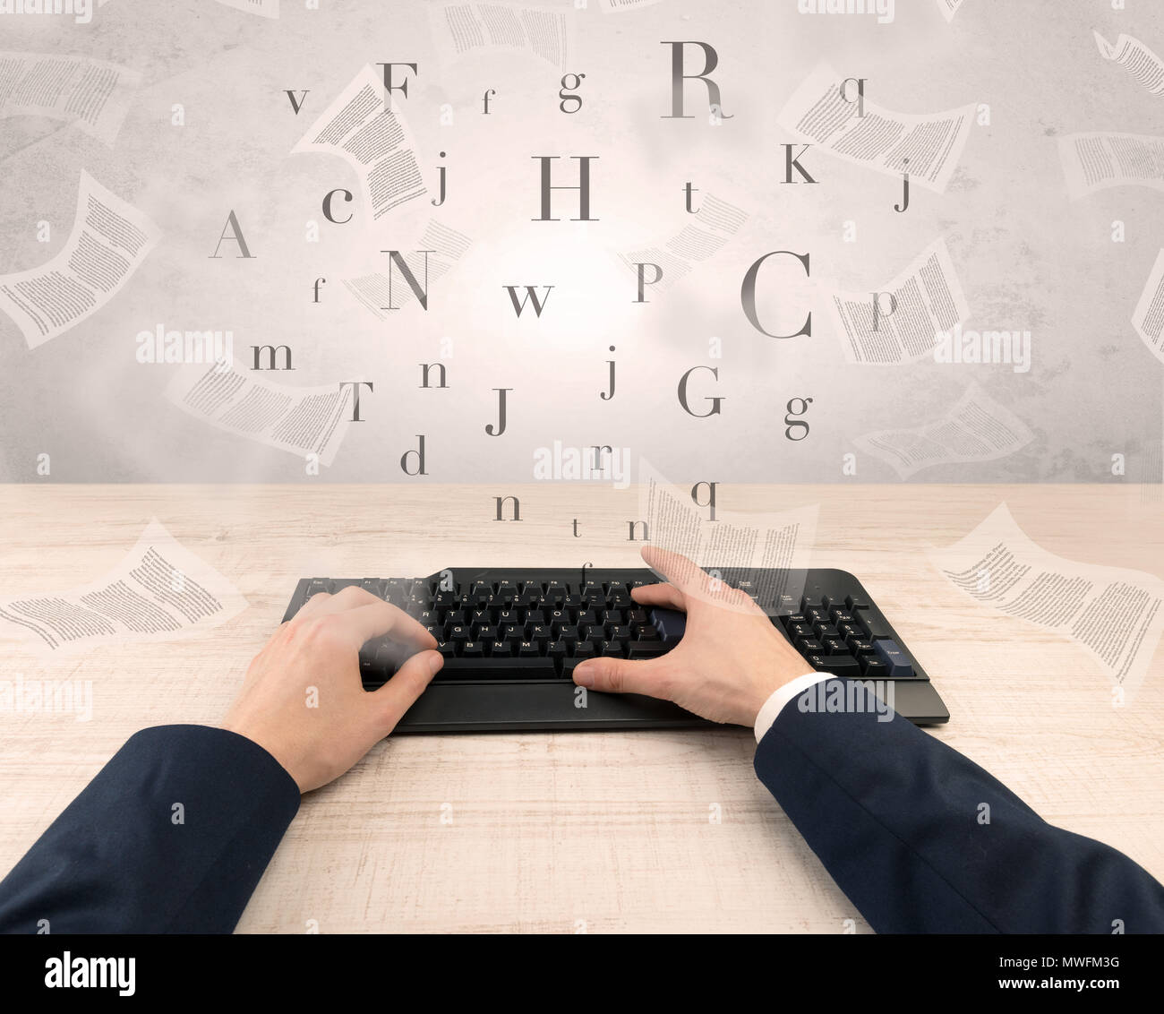 First person view of an elegant businessman hand typing with fluttering ...