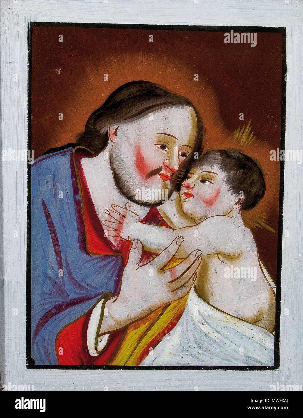 . Deutsch: Hl. Joseph mit dem Jesusknaben; Hinterglasbild, 35,5 x 28 cm ...