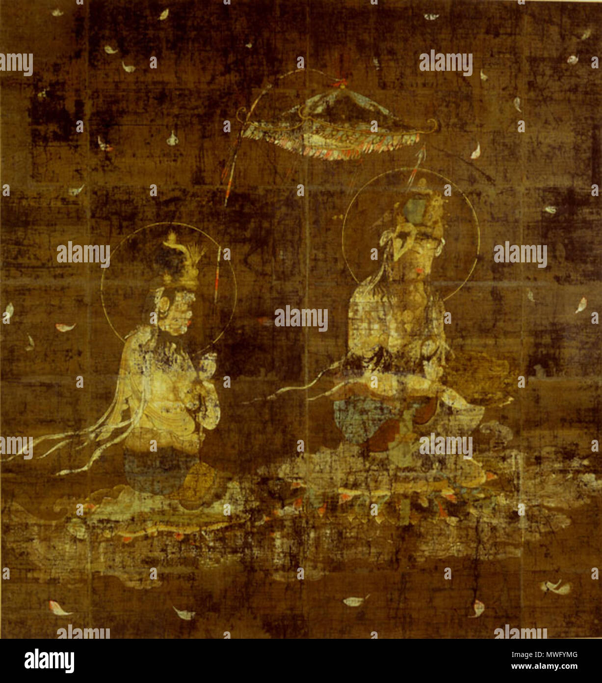 . Amida Triad with a boy attendant (絹本著色阿弥陀三尊及童子像, kenpon chakushoku ...