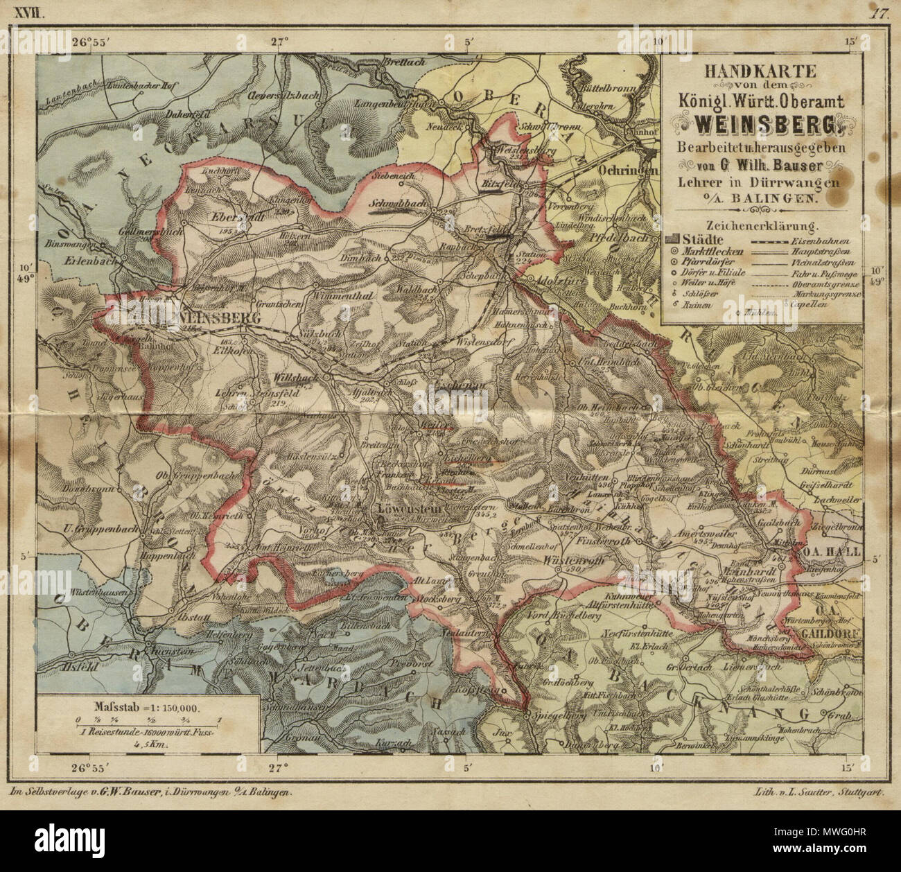. Deutsch: Karte des Oberamts Weinsberg, ca. 1880. Höhenangaben in ...