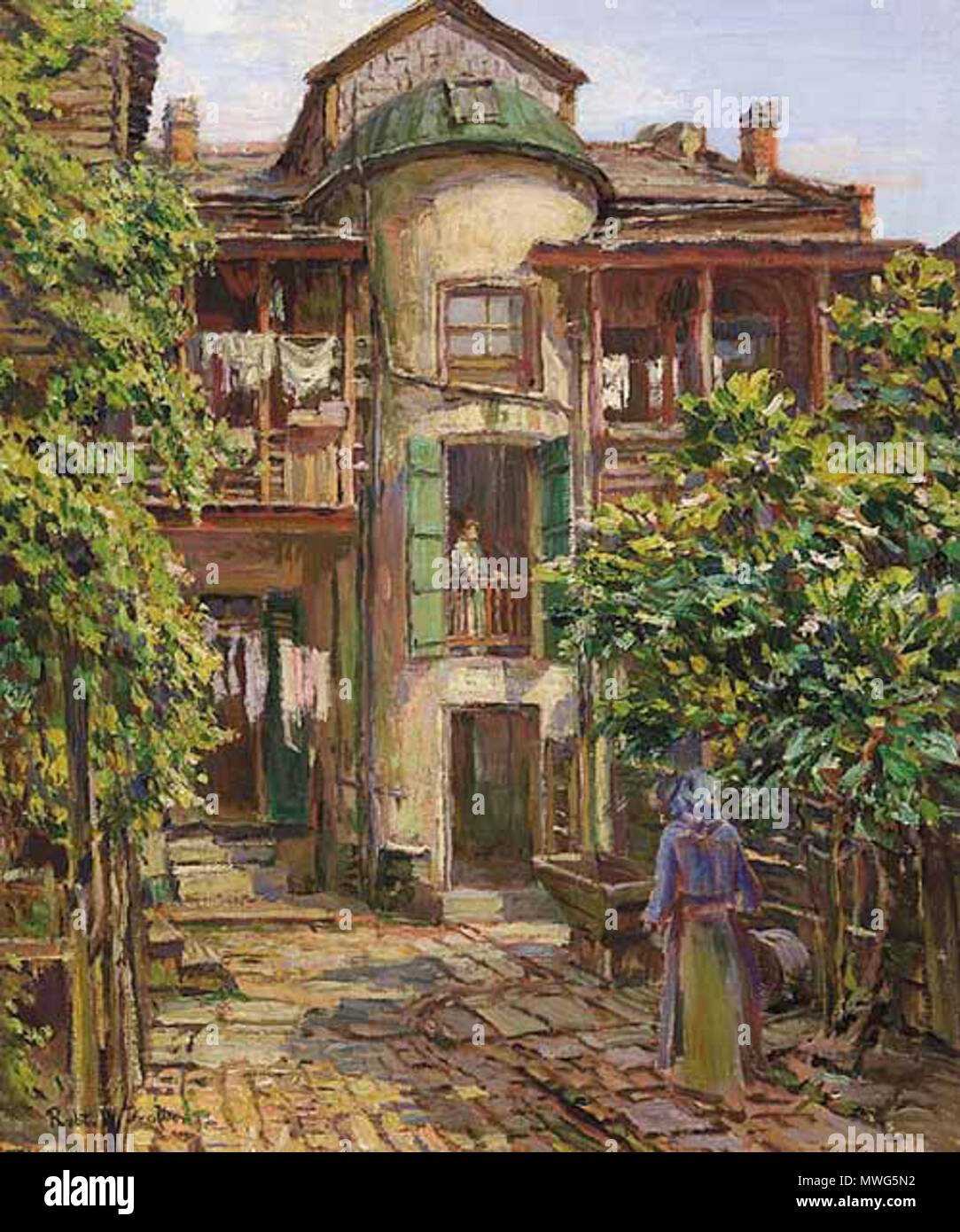 Laundry Day in the Courtyard, French Quarter', oil on canvas painting ...