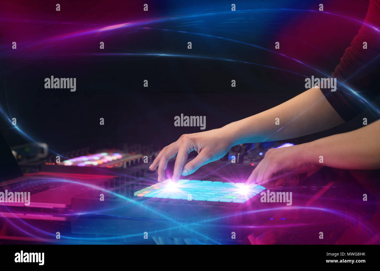 Hand mixing music on midi controller with wave vibe concept Stock Photo ...