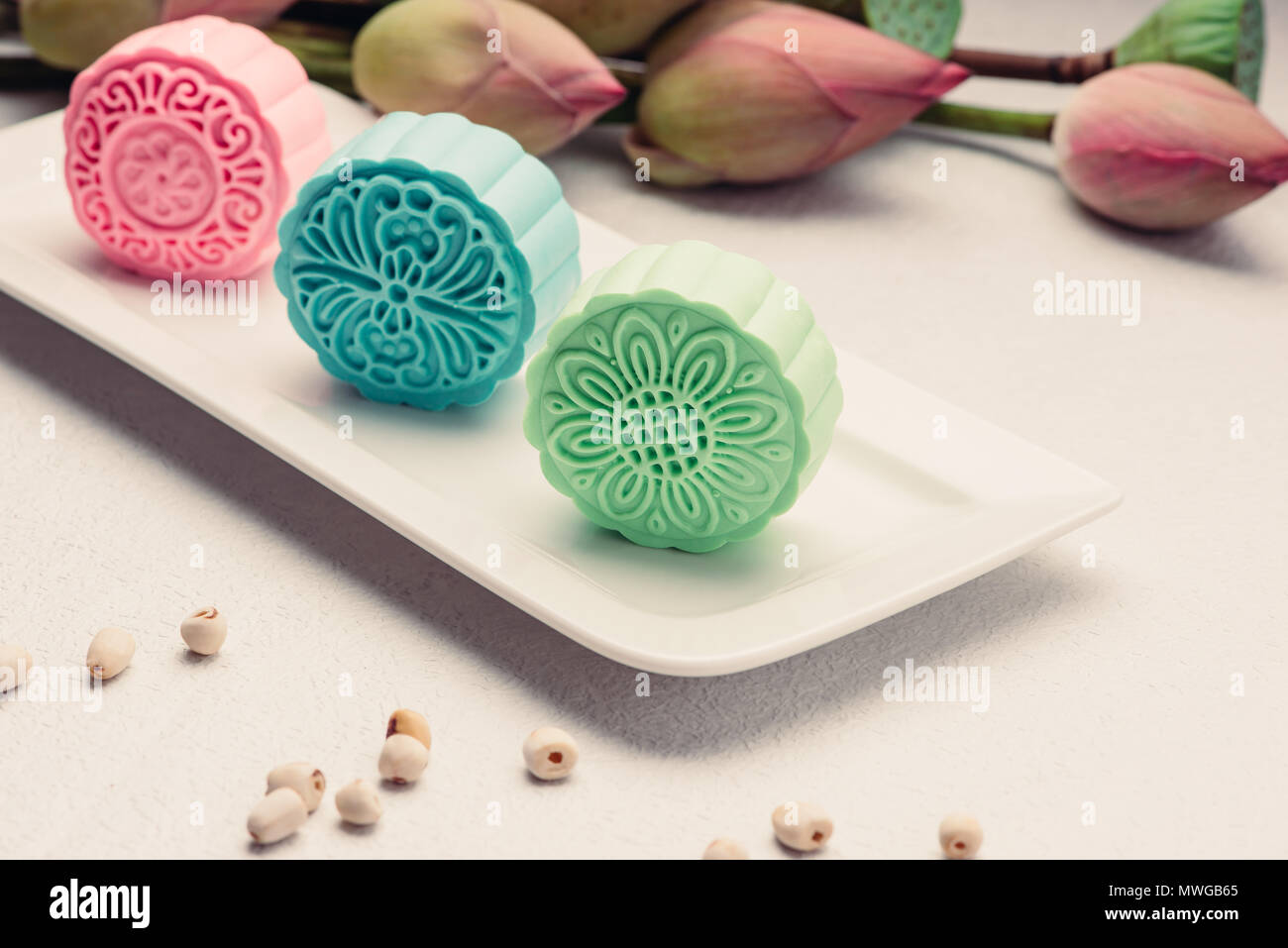 Retro vintage style Chinese mid autumn festival foods. Traditional ...