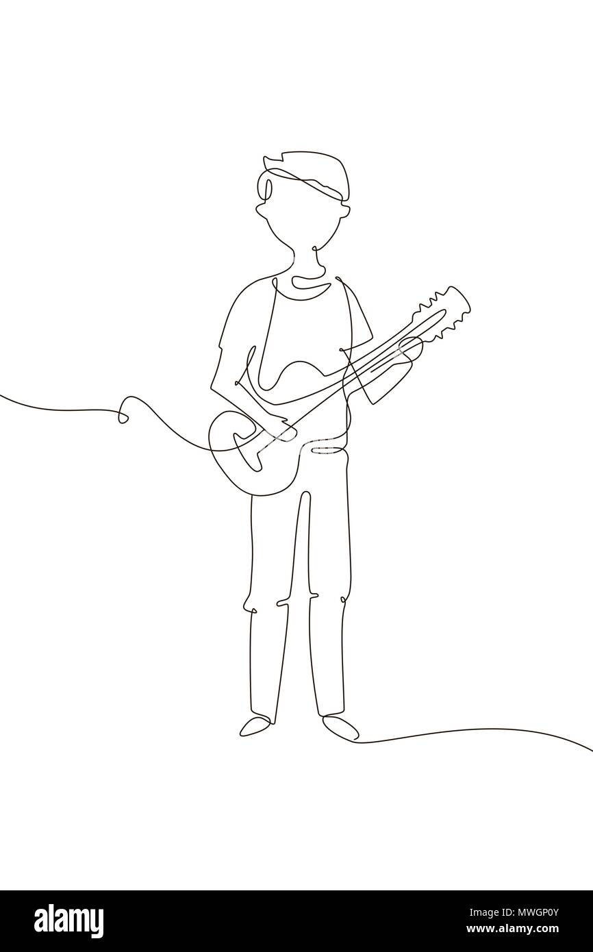 Schoolboy playing guitar - one line design style illustration Stock ...