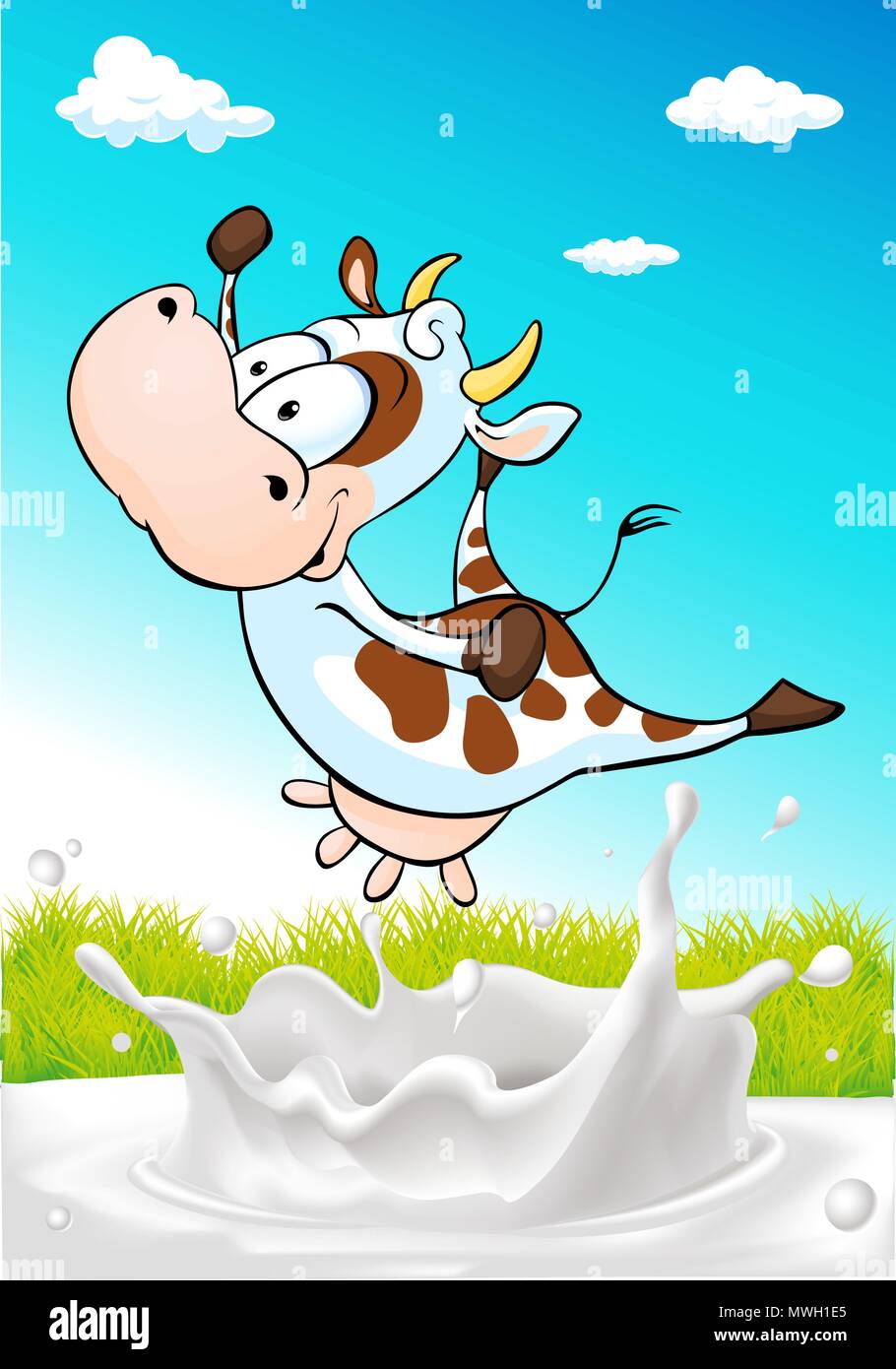 cute cow jumping over milk splash with natural background - vector ...