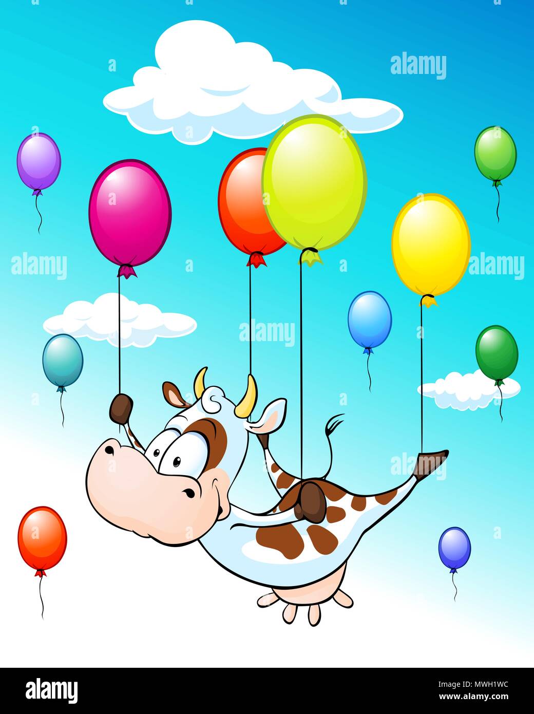 funny design with flying cow with balloons on blue sky with clouds ...