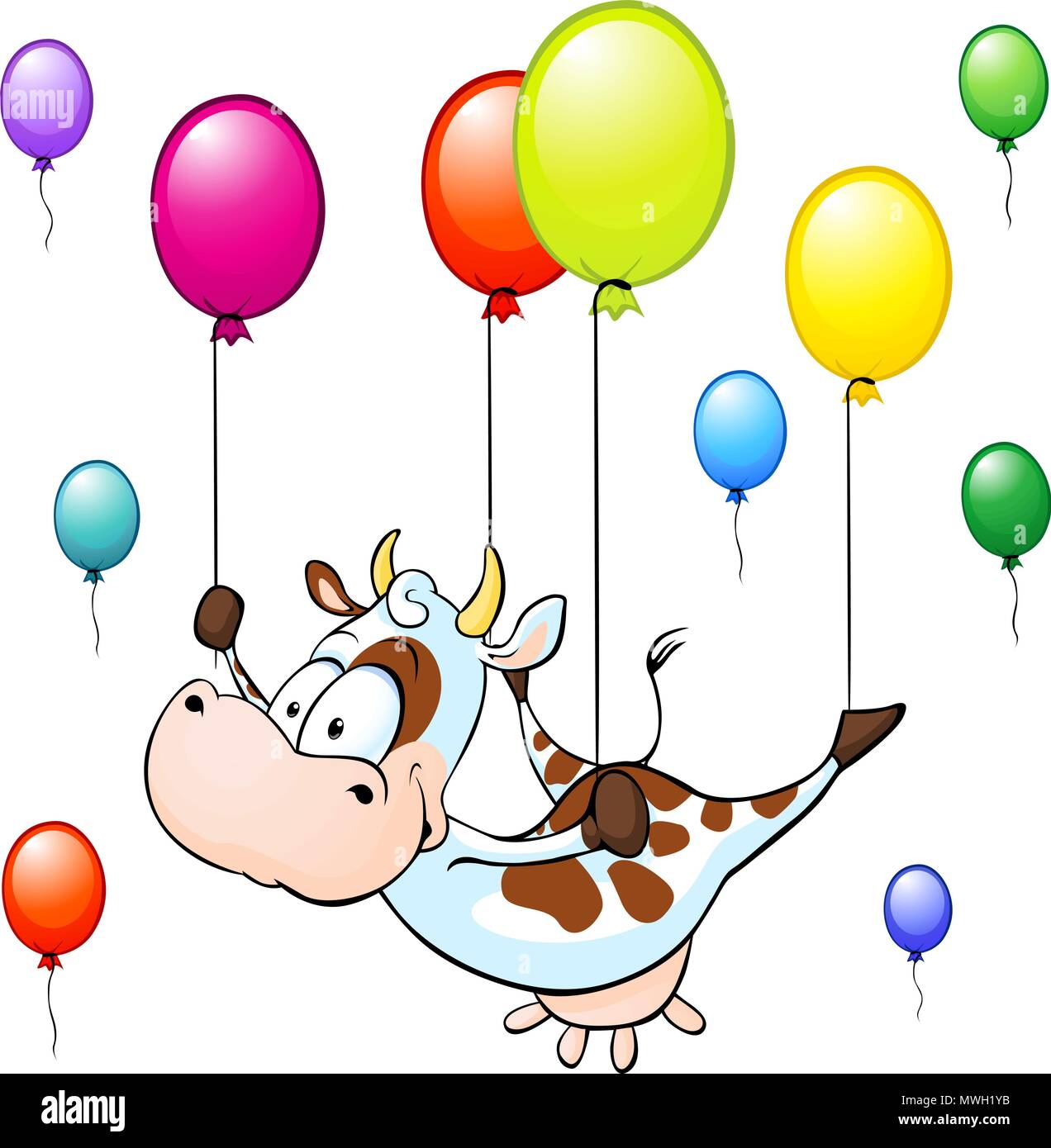 funny cow flying with colorful balloon isolated on white background ...