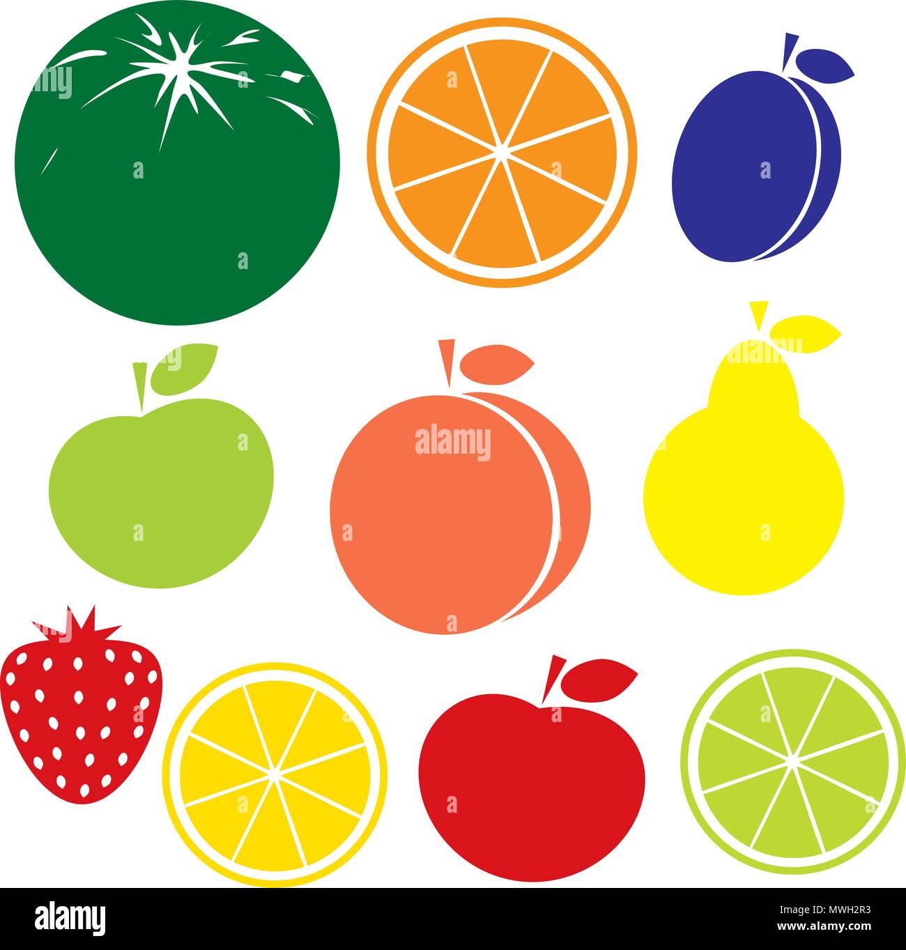 fruit icon - apple, peach, lemon, orange, strawberry, pear, melon, plum ...