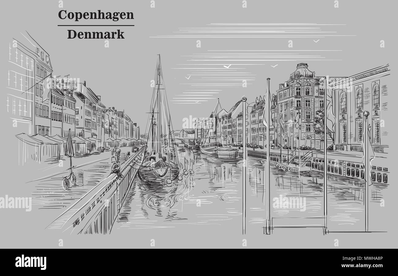 Pier in Copenhagen, Denmark. Landmark of Denmark. Vector hand drawing ...