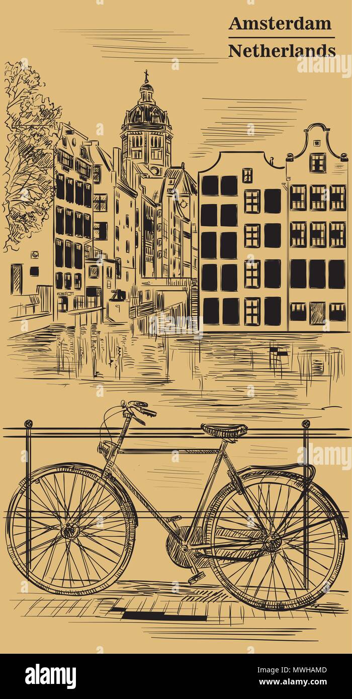 Bicycle on bridge over the canal of Amsterdam, Netherlands. Landmark of ...