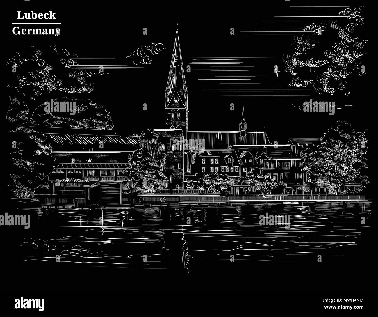 View on Church of St. Mary in Lubeck in Germany. Vector monochrome ...