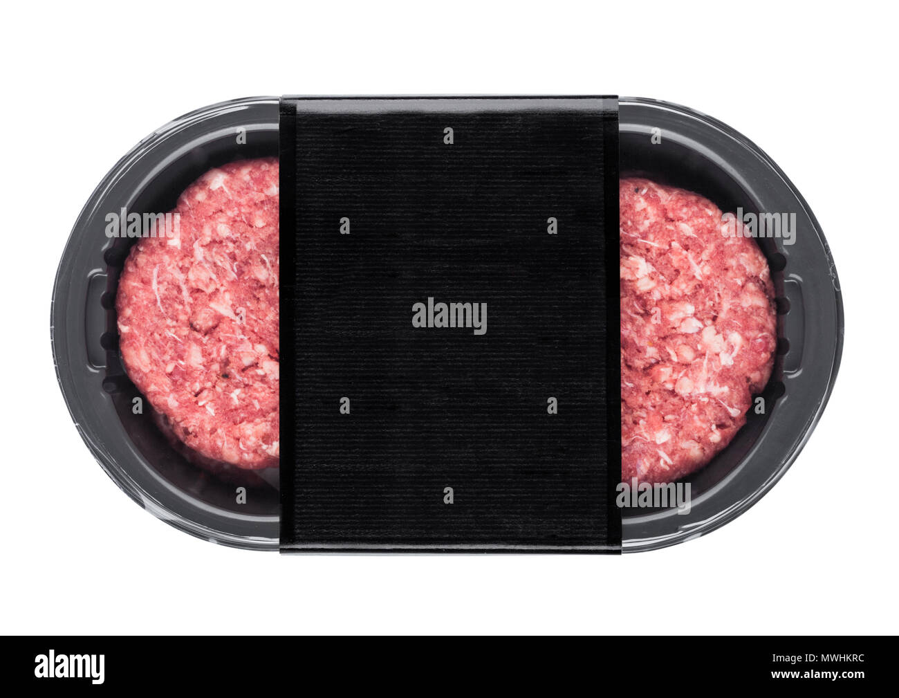 Raw fresh beef burgers in plastic tray on white background with black ...