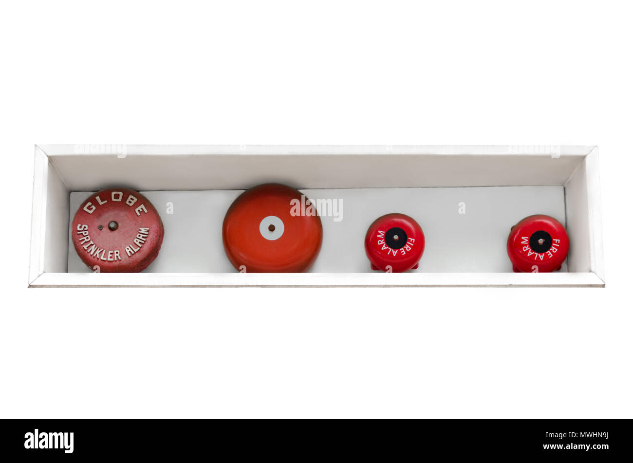 Different external fire alarm sensors located in a row. Isolated on ...