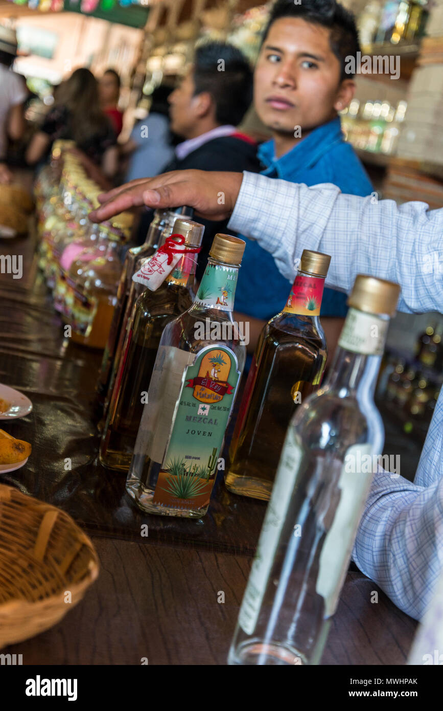 Mezcal distillery bar with a row of different types of mezcal for ...