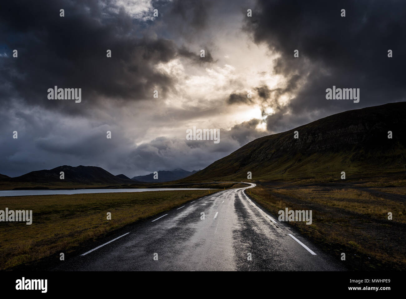 a road on the icelandic snaefellsnes peninsula on a rainy morning Stock ...