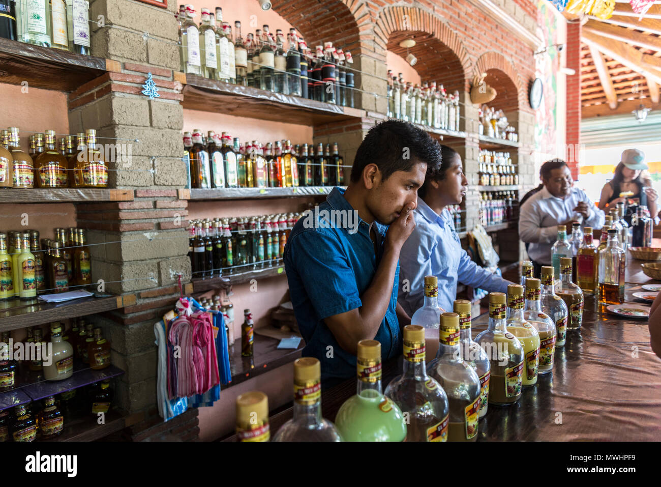 Mezcal distillery bar with a row of different types of mezcal for ...