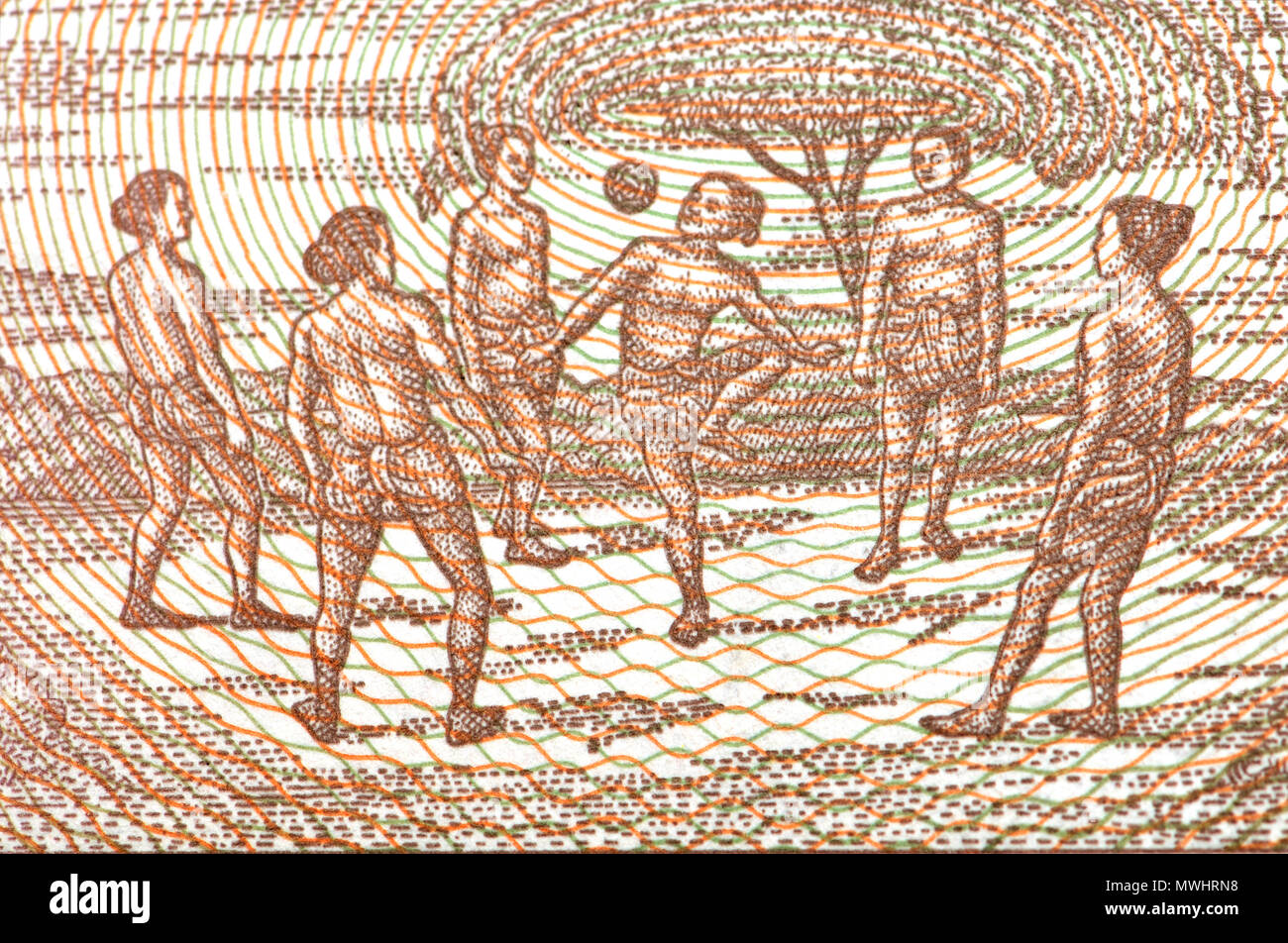 Detail from a Myanmar banknote showing Chinlone or caneball - a game ...