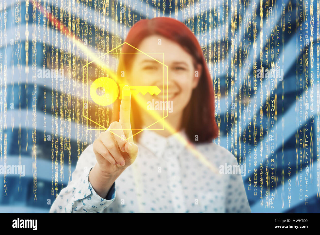 Smiling woman touching digital screen interface with her finger. Press ...