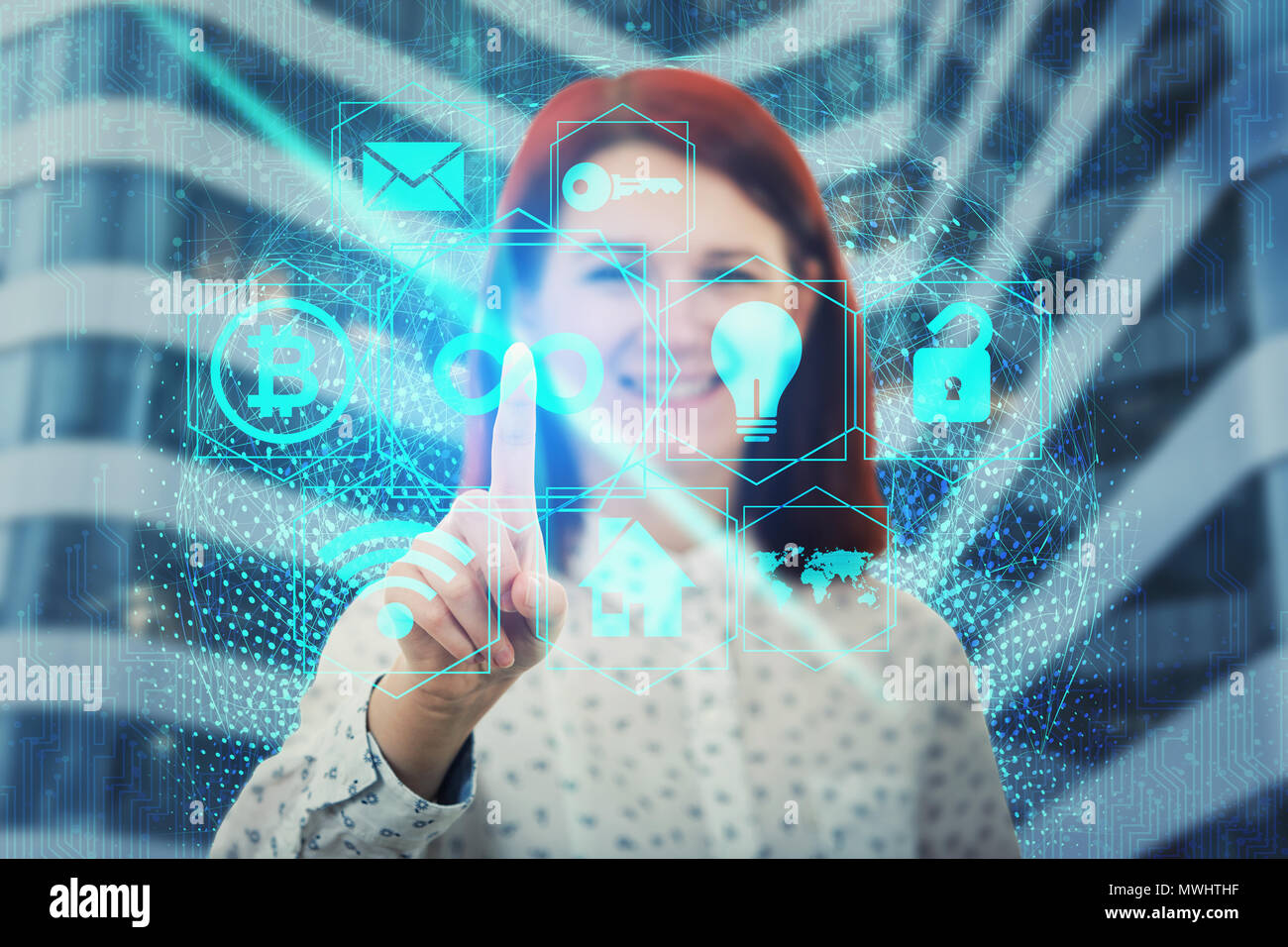 Smiling woman touch digital screen interface. Press the blue infinity ...
