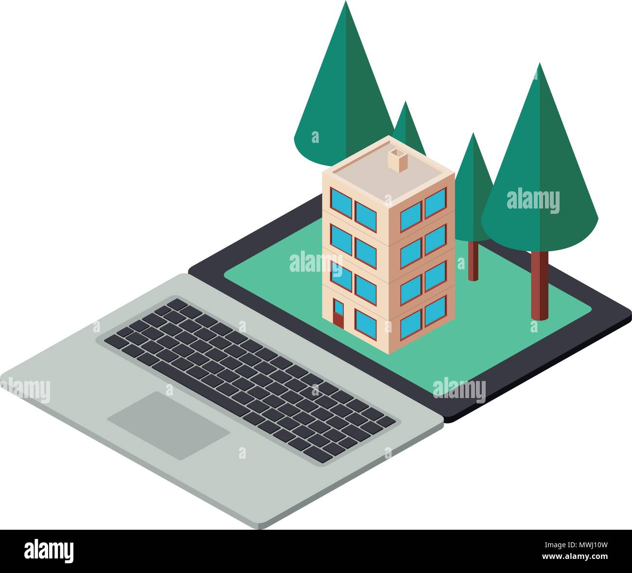 computer laptop and building scene isometric icon Stock Vector Image ...