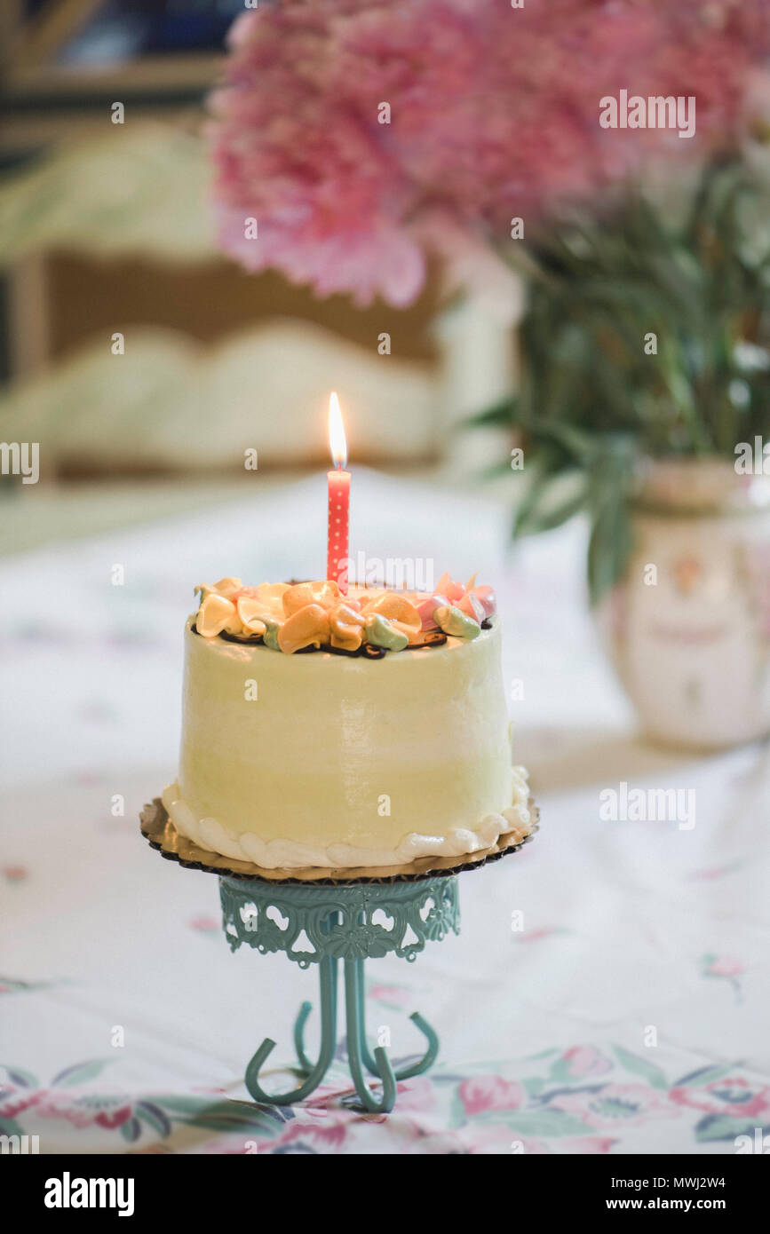 Samll cake with a single candle Stock Photo - Alamy