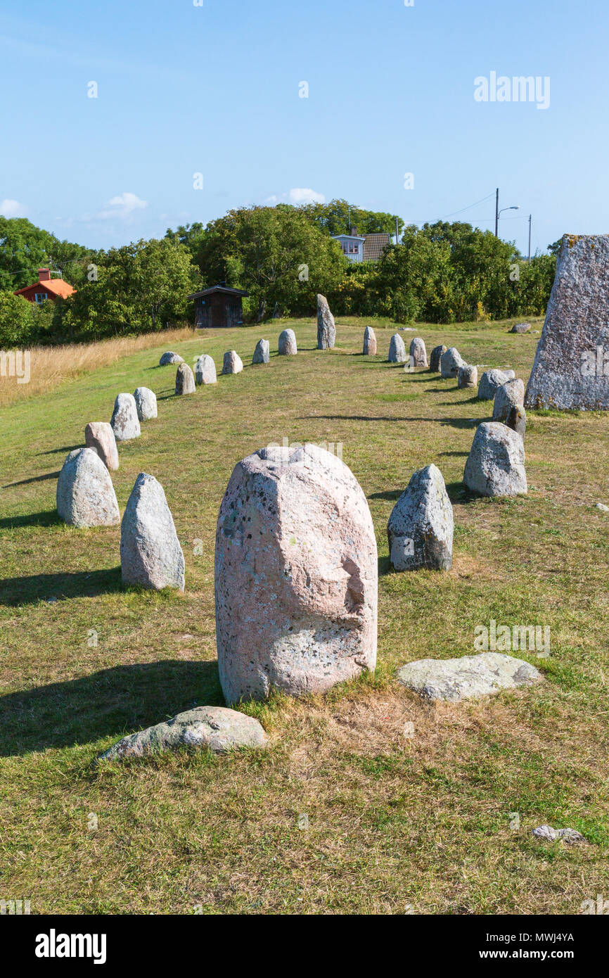 Ancient monuments with stone ship on a field Stock Photo - Alamy