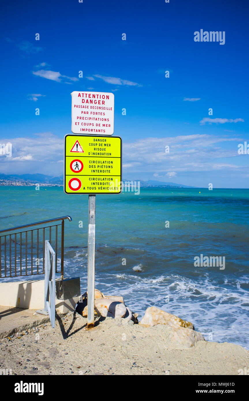 No swimming warning sign on a beach,Nice,france Stock Photo - Alamy