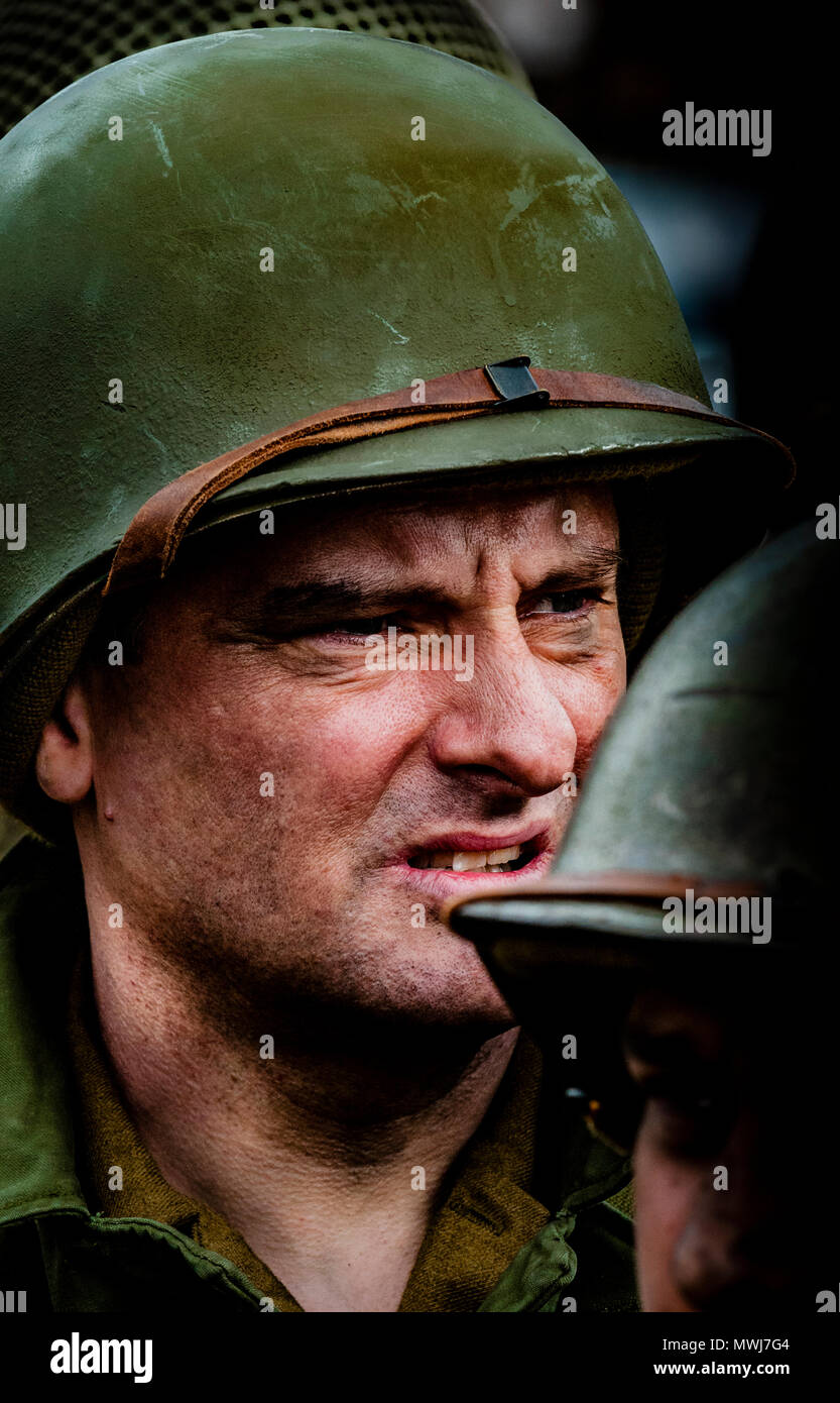 Portrait of an American GI soldier from World War Two with a dirty face ...