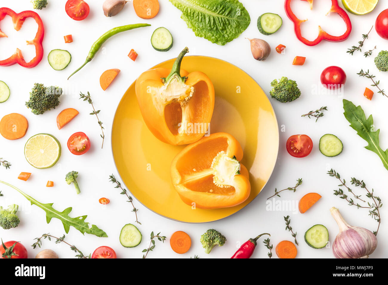 Top view of cut yellow bell pepper on a plate isolated on white Stock ...