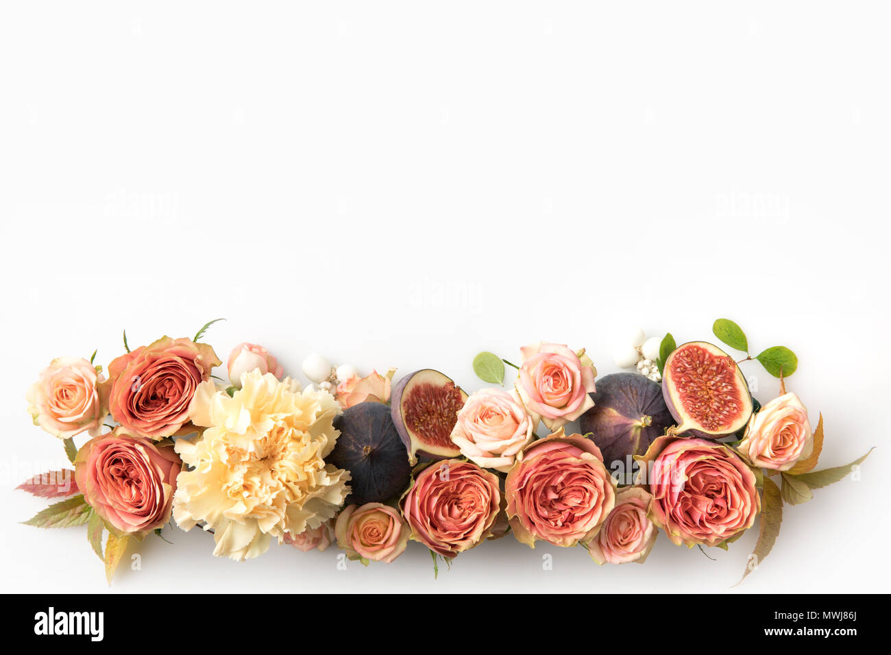 pink rose flowers with figs isolated on white Stock Photo - Alamy