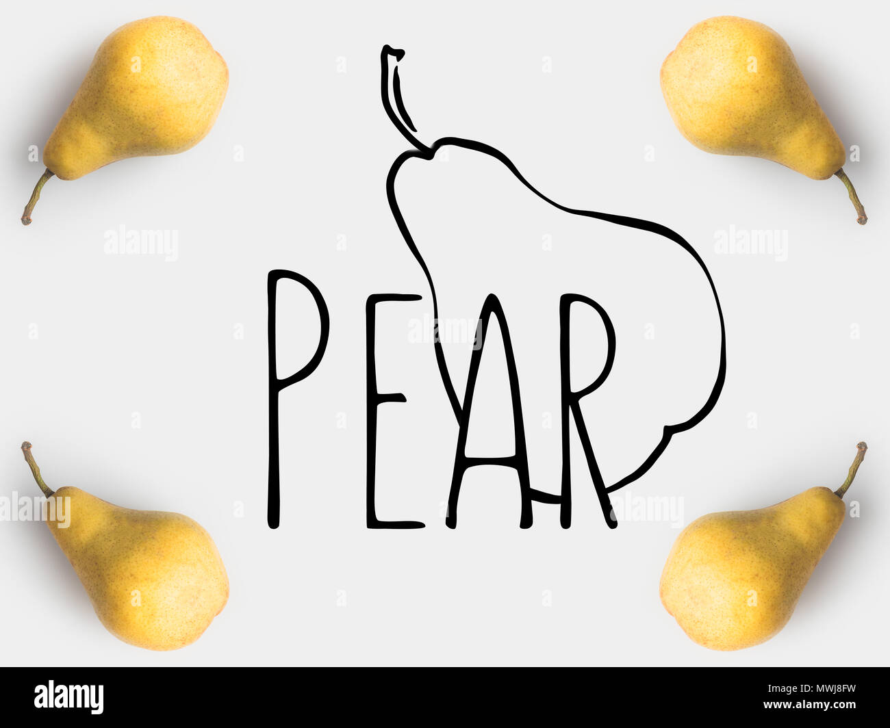 hand written lettering and drawing with pears around on white surface ...