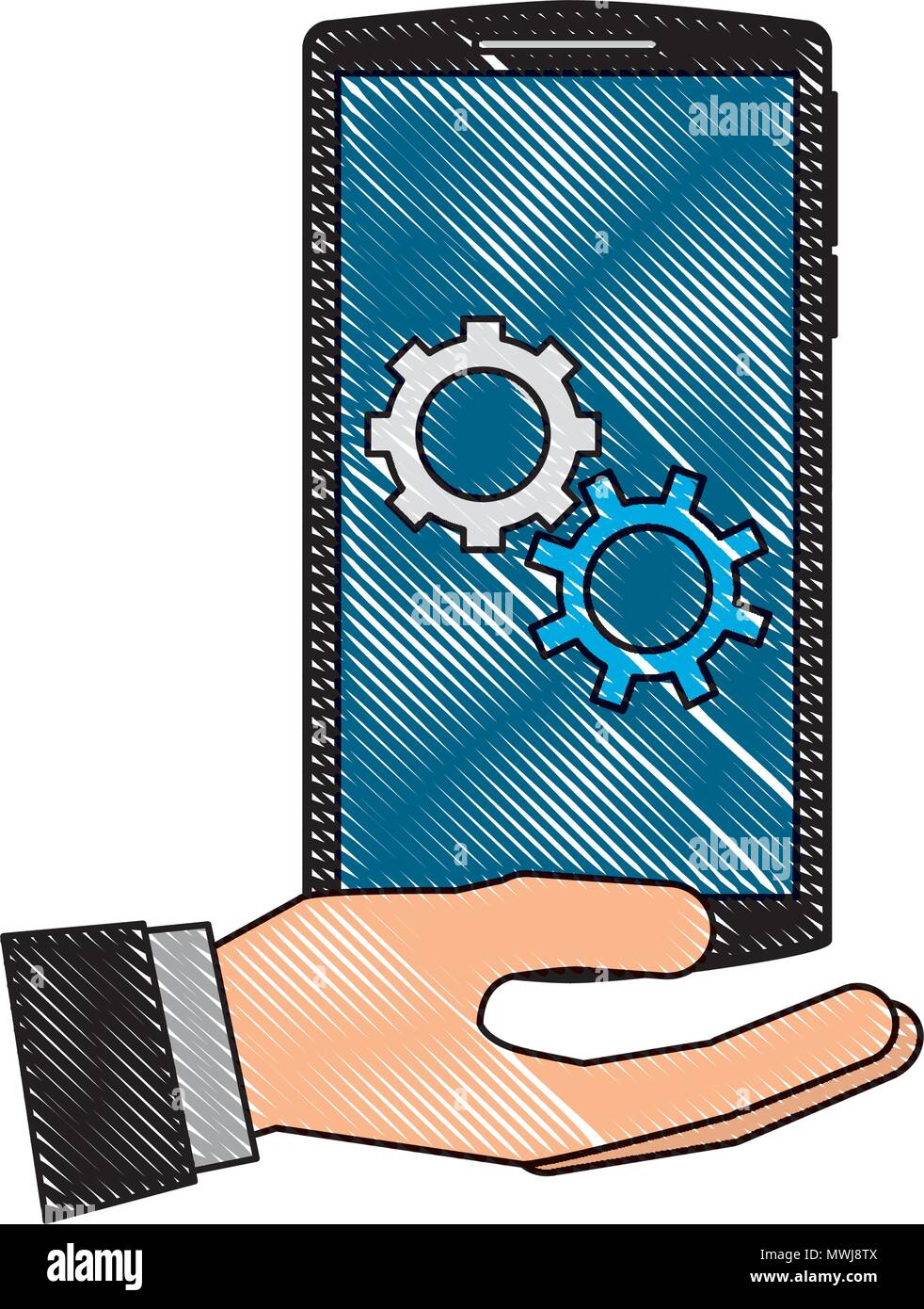hand holding smartphone settings screen gear icon vector illustration ... hand holding smartphone settings screen gear icon vector illustration ...