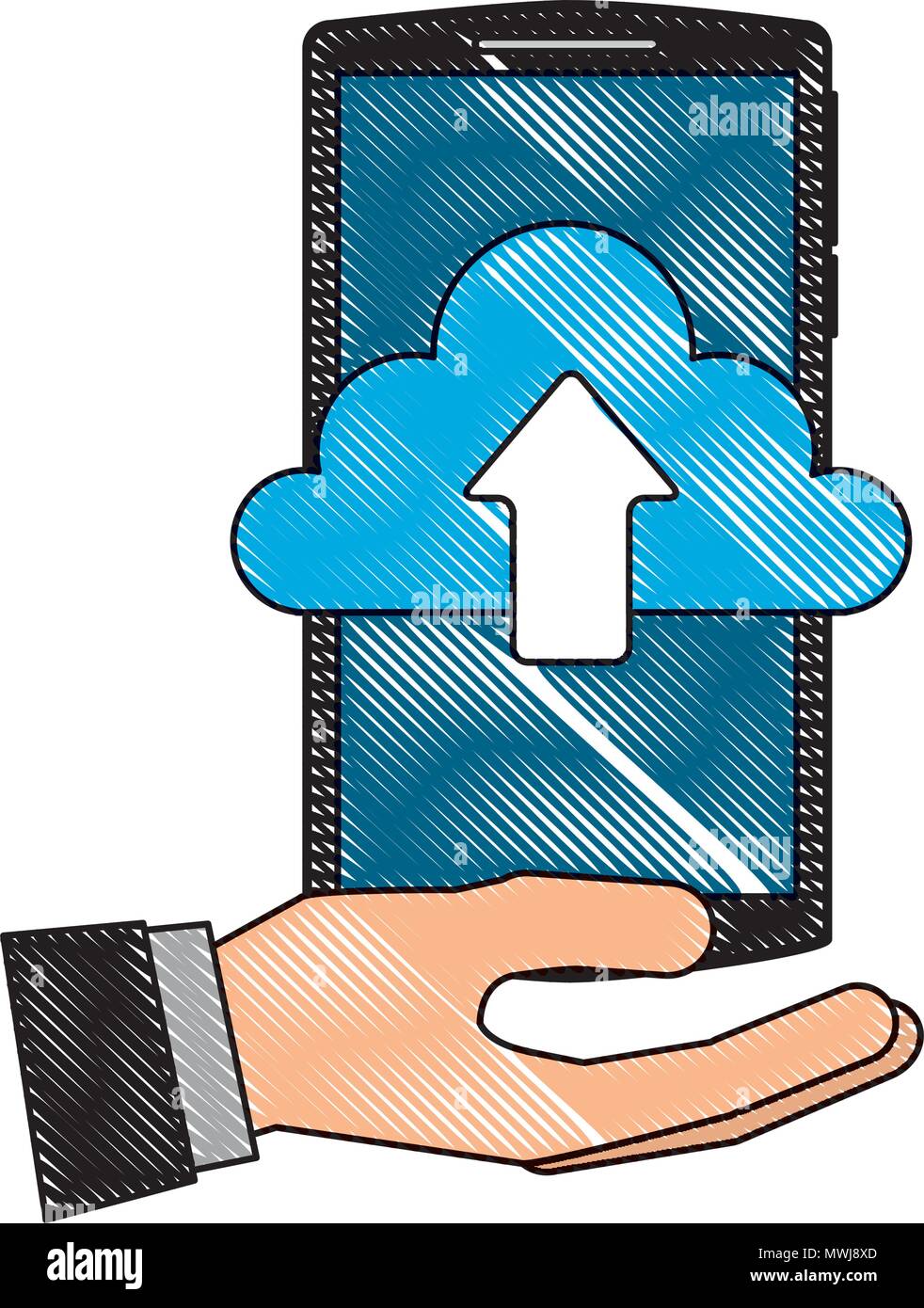 hand holding smartphone with cloud storage upload arrow vector ...