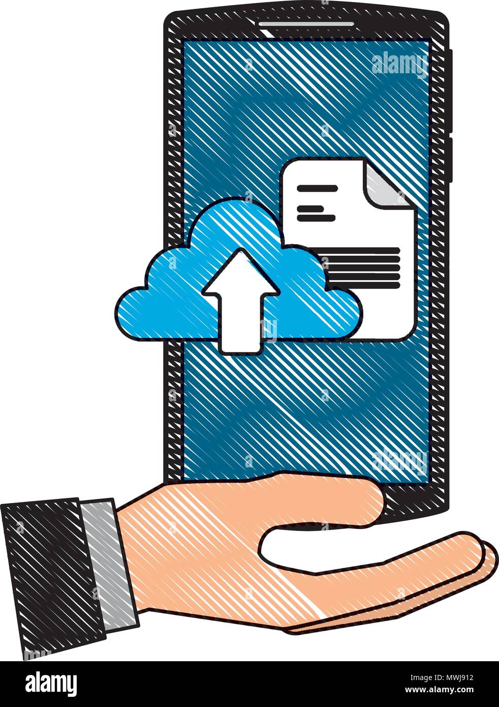 hand holding smartphone with cloud computing upload data vector illustration Stock Vector Image ...
