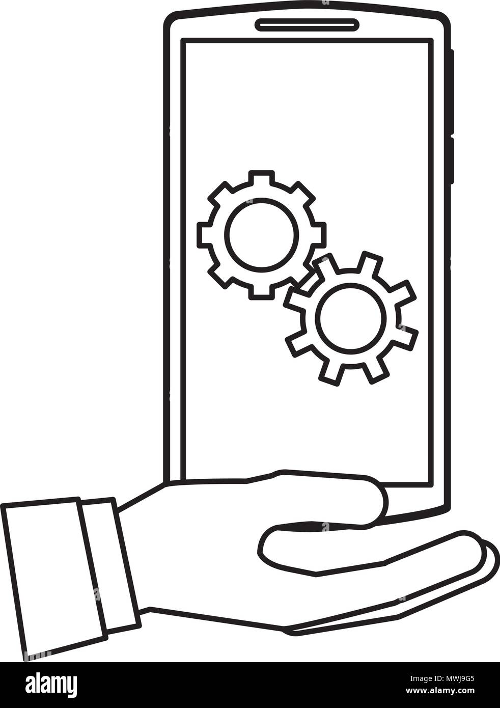 hand holding smartphone settings screen gear icon vector illustration ... hand holding smartphone settings screen gear icon vector illustration ...