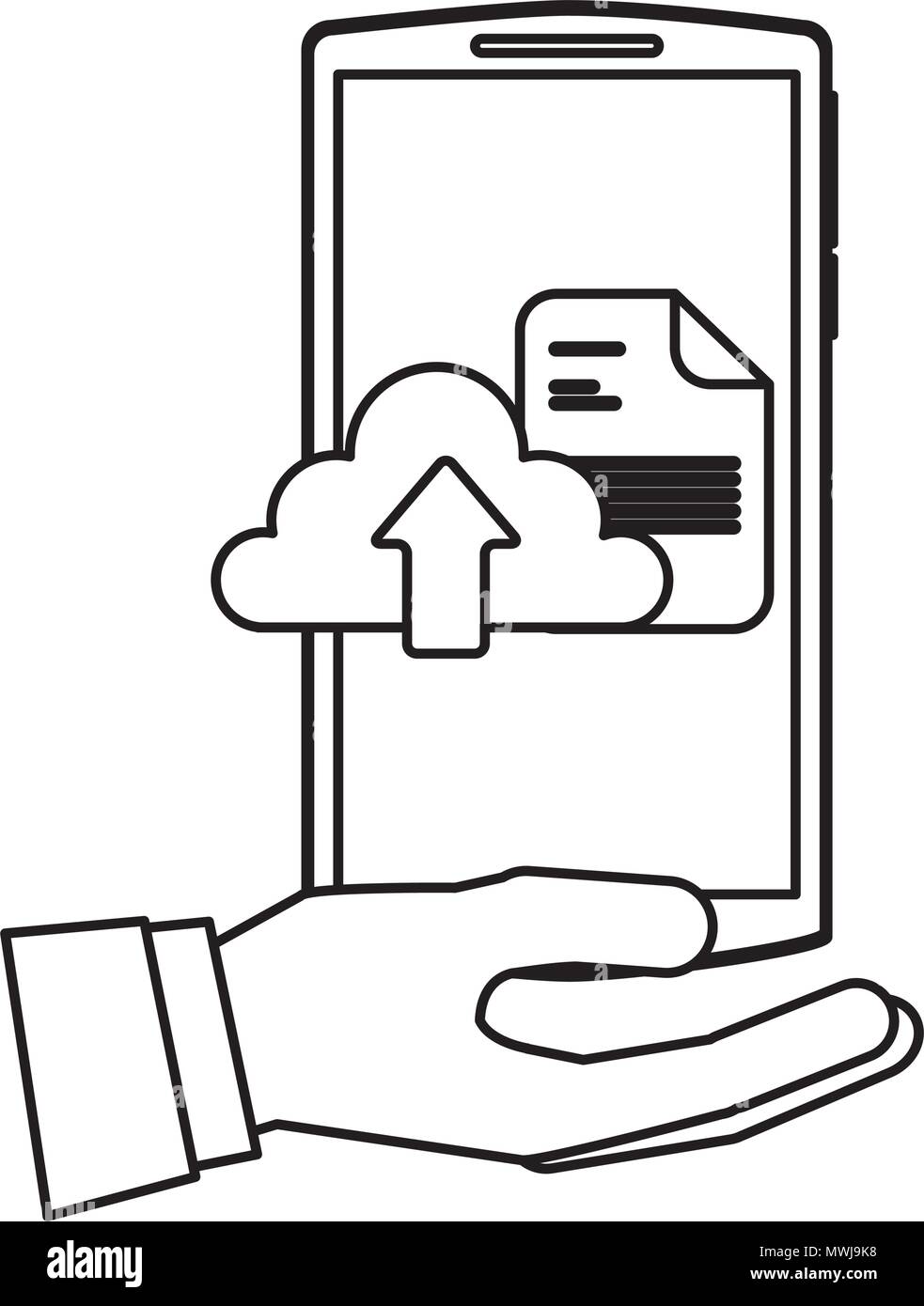 hand holding smartphone with cloud computing upload data vector illustration Stock Vector Image ...
